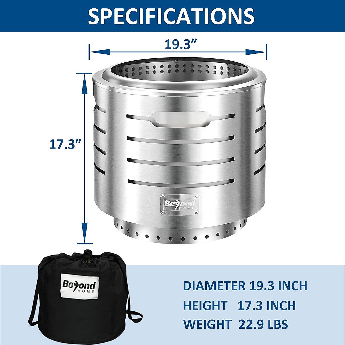 BeyondHOME 19.3 Inches Smokeless Instant Fire Pit, Stainless Steel Fire Pit Wood Burning with Ash Pan, Bonfire Stand, 10 Second Setup, Suitable for Outdoor Camping, Garden