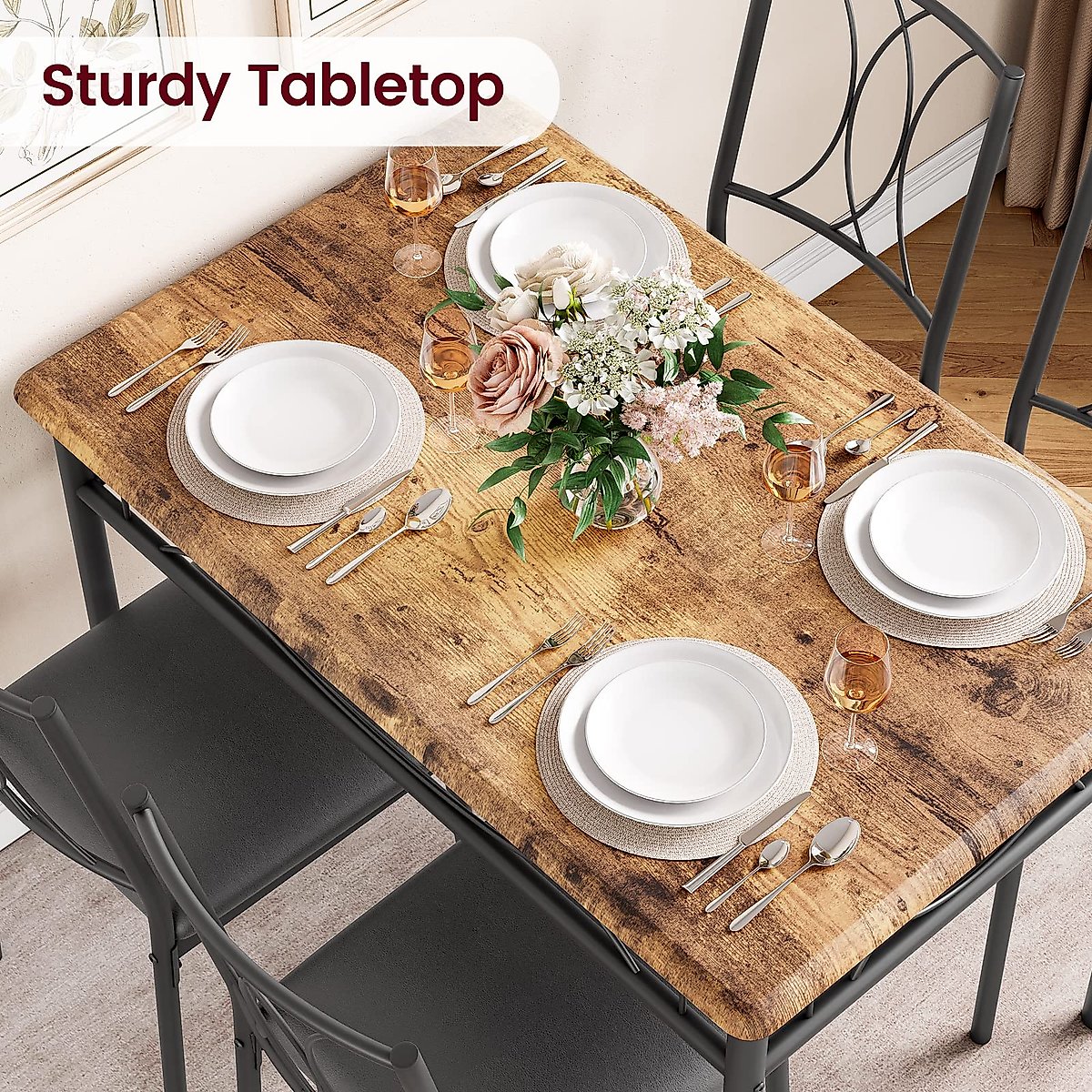 IDEALHOUSE Dining Table Set for 4, Kitchen Table and Chairs, Rectangular Dining Room Table Set with 4 Upholstered Chairs, 5 Piece Dining Table Set for Small Space, Apartment, Rustic Brown