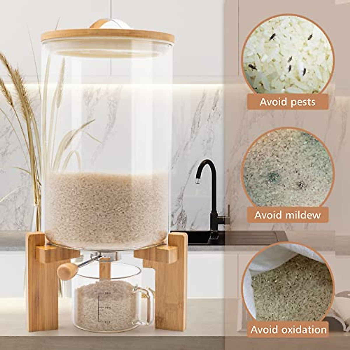 Glass Rice Airtight Dispenser 8L with Stand,Rice Holder Dispenser,Cereal Dry Food Storge Container Food Dispenser Countertop for Kitchen Organization and Pantry Store(8 L)