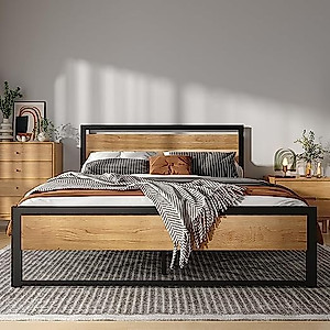 BONSOIR Queen Size Bed Frame Steady Steel Platform with Wood Headboard/Footboard (Queen Size)