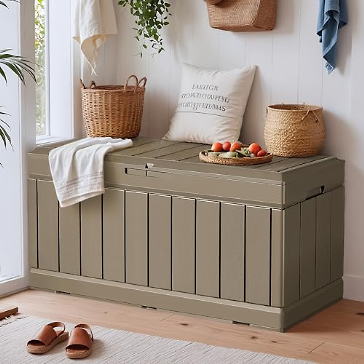 YESHOMY Storage Chest, Entryway Resin Shoe Bench with Hydraulic Bracket Flip Lid, Side Holder, Supports 450 lbs for Bedroom, Living Room, Lockable, Coffee