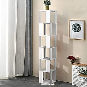 Rotating Bookshelf,6 Tier 360 Floor Standing Revolving Bookcase Storage Rack,Wood Narrow Bookshelf for Small Space,Corner Book Shelf Organizer for Bedroom, Living Room (White)