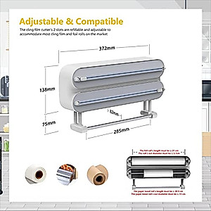 Magnetic Plastic Wrap Dispenser with Cutter - Refillable Aluminum Tin Foil and Plastic Wrap Organizer for Kitchen, Quasziwa Upgraded 3 in 1 Paper Towel Holder Wall Mount - Fits 12" Roll, White