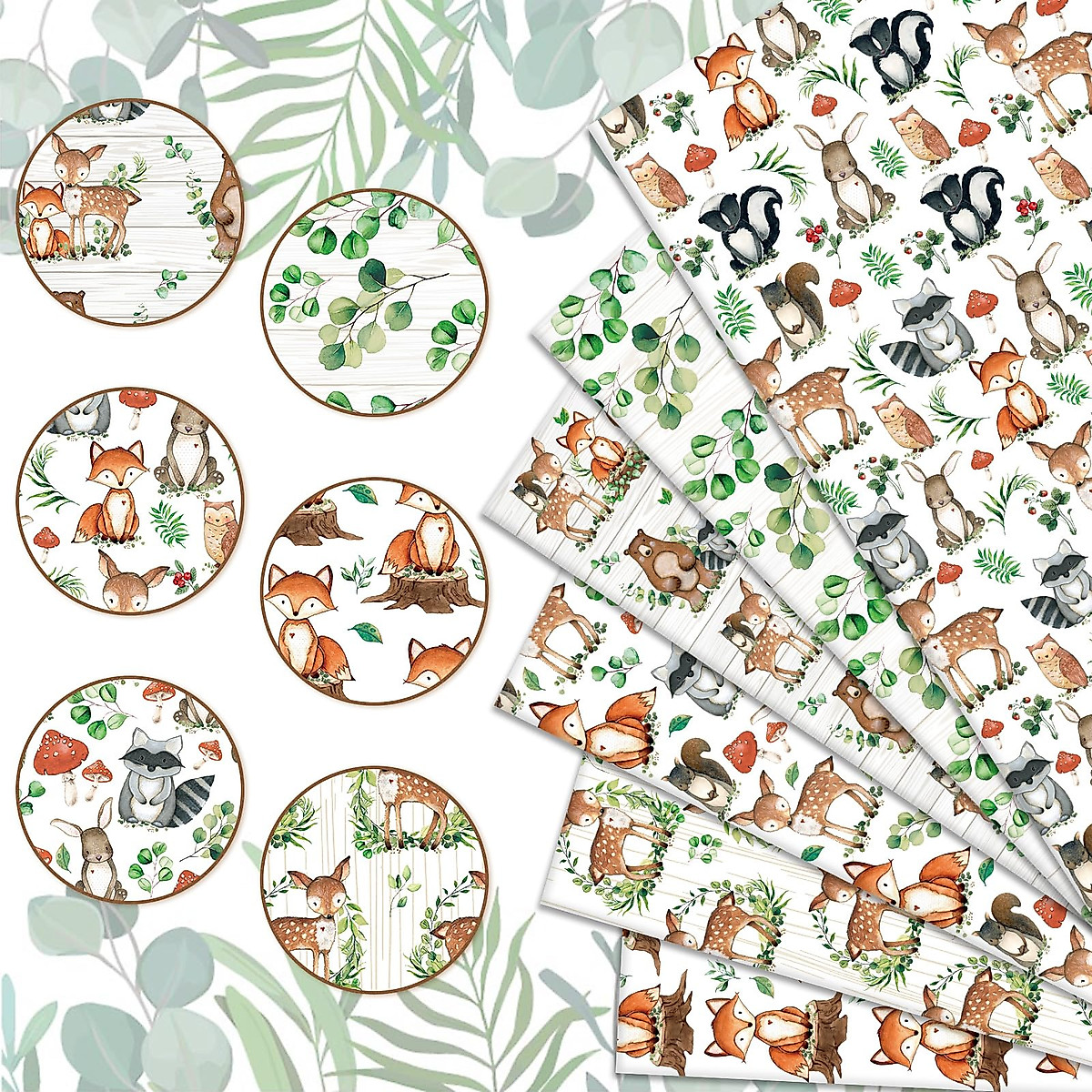 Whaline 6Pcs Woodland Cotton Fabric Bundles Woodland Animal Eucalyptus Printed Fat Quarters Sewing Fabrics for DIY Handmade Crafting, 18 x 22 Inch