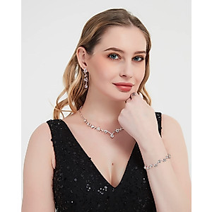 UDYLGOON Crystal Necklace Earrings Bracelet Jewelry Set Bride Bridesmaid Wedding Prom Party (Rose Gold)