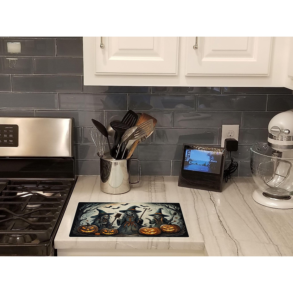 Caroline's Treasures DAC2292LCB Witches Spooky Halloween Glass Cutting Board Large Decorative Tempered Glass Kitchen Cutting and Serving Board Large Size Chopping Board