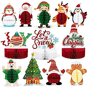 Mocoosy 12 Pack Christmas Party Honeycomb Centerpieces for Xmas Table Decorations, Christmas Center Pieces Table Topper Signs with Gnome Santa Holidays Centerpieces for Christmas Party Supplies Decor