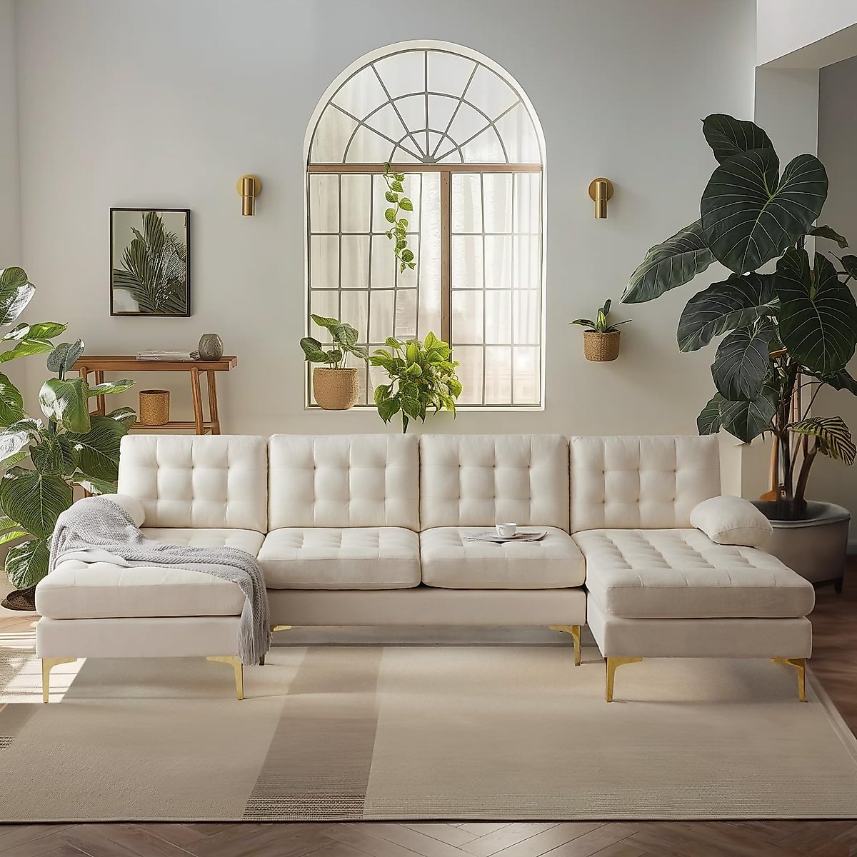 VINGLI 110" Modern U Shaped Sectional Sofa Couch with 51" D Double Chaise for Living Room, Large Tufted Button Couch Sets with 5.9" Thickness Seating Padding for Small Spaces (Beige,Tufted Button)
