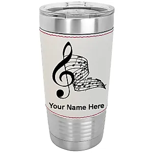 LaserGram 20oz Vacuum Insulated Tumbler Mug, Musical Notes, Personalized Engraving Included (Faux Leather, Baseball Style)