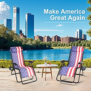 Northroad Set of 2 Zero Gravity Lounge Chairs Adjustable Steel Mesh Relaxing Recliners Outdoor Folding Patio Lawn Chair w/Pillows & Cup Holder Trays - American Flag