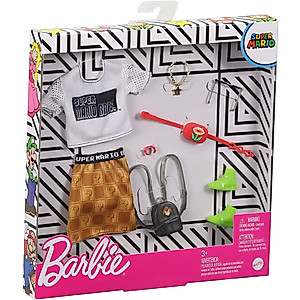 Barbie Storytelling Fashion Pack of Doll Clothes Inspired by Super Mario: Graphic Tee, Patterned Skirt & 6 Accessories Dolls, Gift for 3 to 8 Year Olds