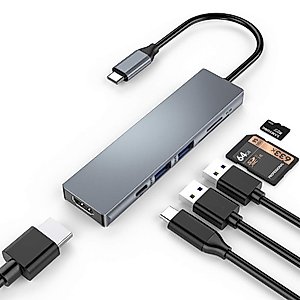 USB C Hub Type C 6 in 1 Hub to 4K HDMI Output, 2 USB3.0 Ports,SD/TF Card Reader with PD2.0 Charge