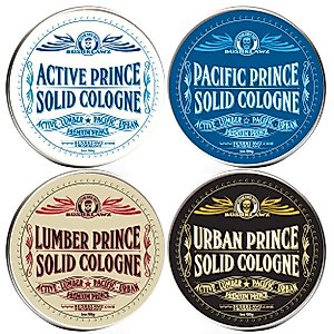 Premium Prince Solid Cologne 1 oz Variety Gift Set Alcohol Free Natural Concentrated Full Size Travel Friendly Tins Men's Fragrance 4 Manly Scents to Satisfy all Types of Viking Cannon Black Prime