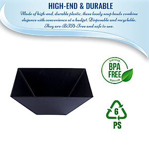 Disposable Plastic Serving Bowls, Salad Servingware, Pasta & Dessert Bowls for Birthday Party, Wedding & All Occasions, 24 pcs (3 qt Square Bowls, Black)
