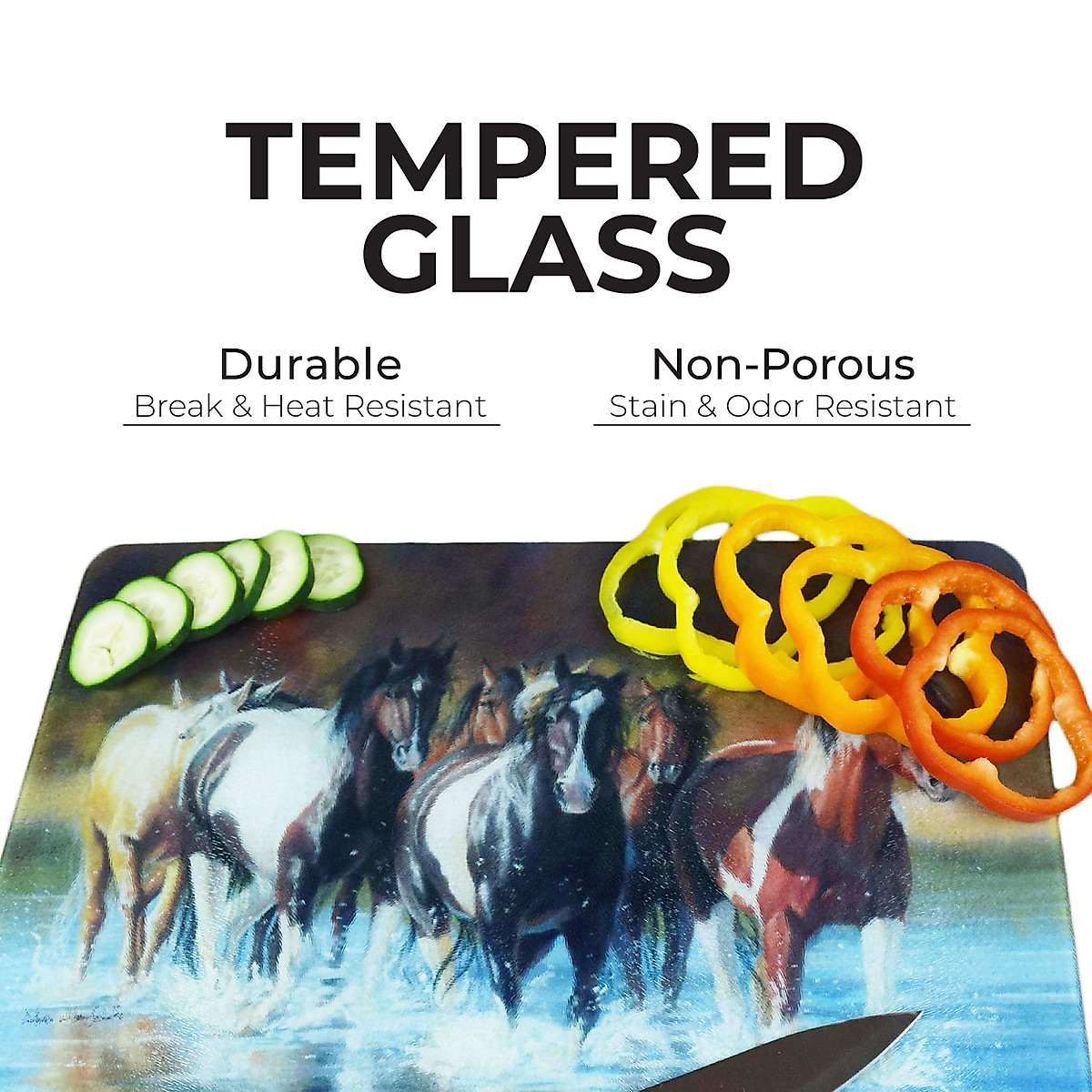 Rivers Edge Products Large 12in x 16in Decorative Tempered Glass Cutting Board, Hypoallergenic, Non Slip, Textured Surface Chopping Board for Kitchen, Cute Horse Equine Design, Rush Hour Horse