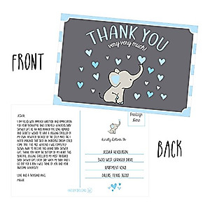Hadley Designs 50 4x6 Elephant Boy Baby Shower Thank You Postcards Bulk, Beautiful Modern Cute Boho Blue Blank Thanks Note Card Stationery Appreciation Set