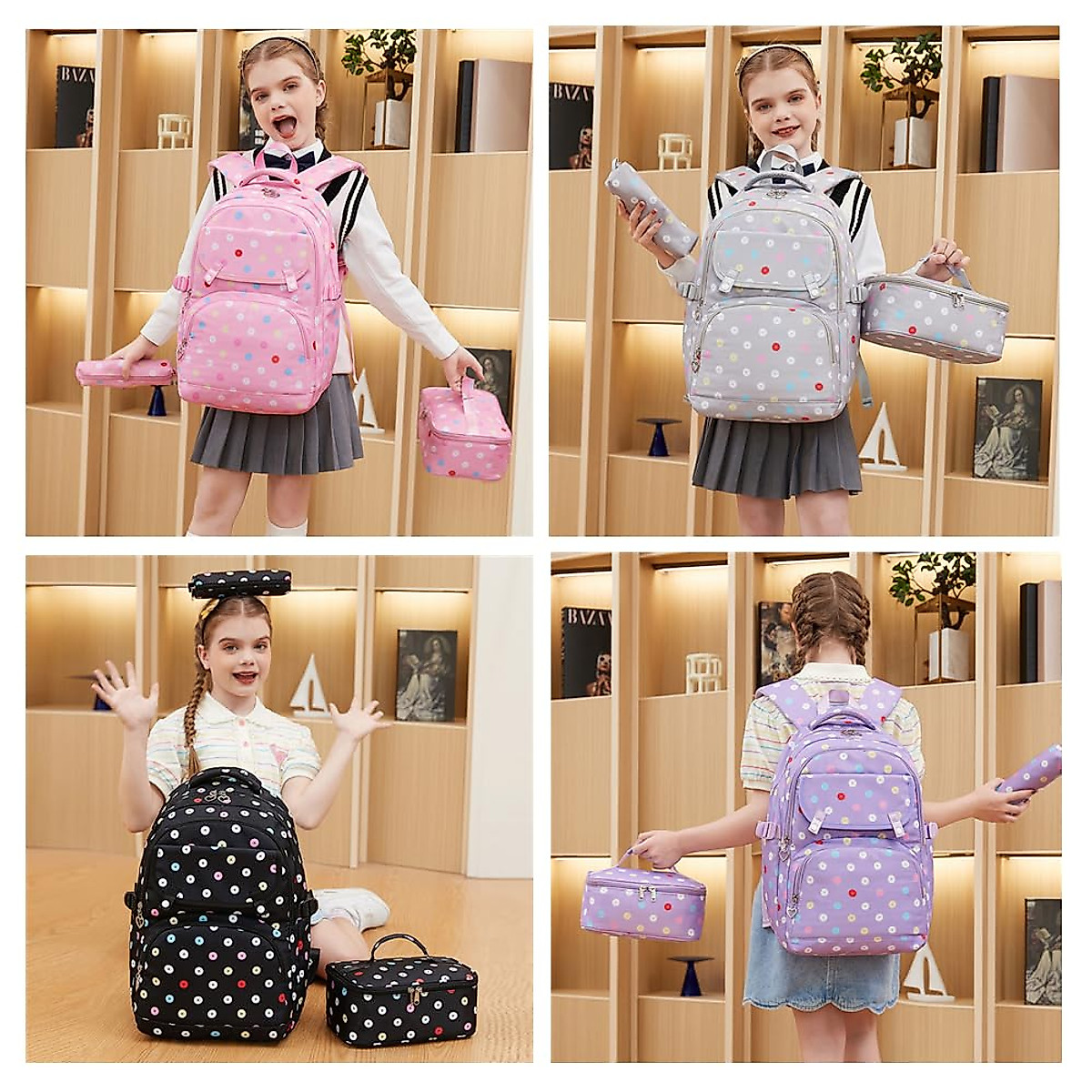 Armbq Polka-dot Print Backpacks for Girls with Lunch Box Teenage School Bookbag Set for Elementary Middle Student Travel Bag