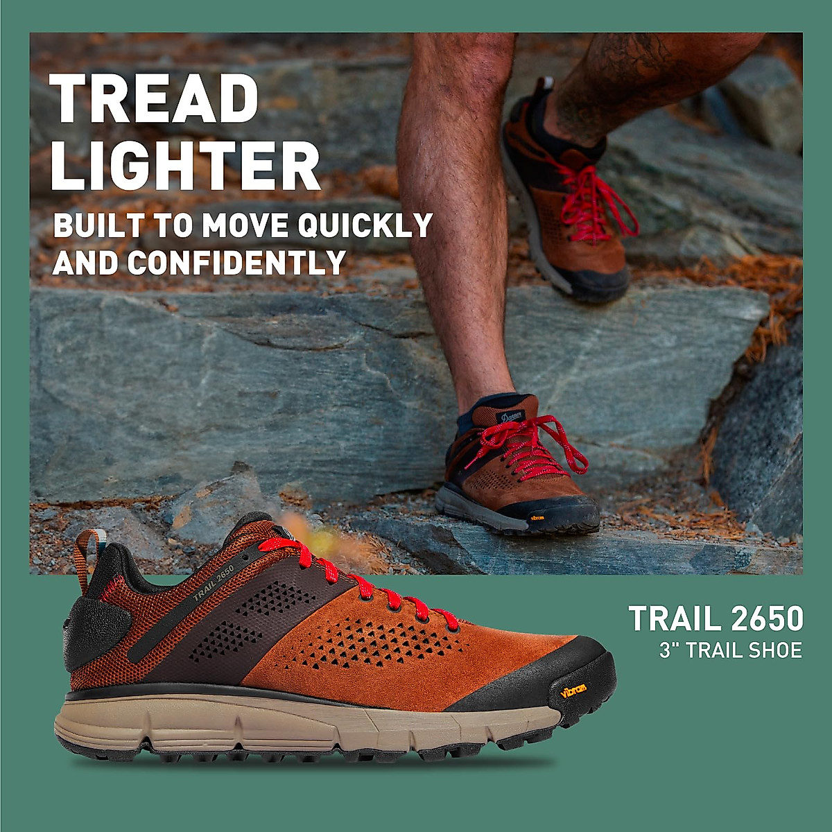 Danner Trail 2650 Hiking Shoes for Men - Durable Suede, Lightweight Textile with Breathable Mesh Lining, Ortholite Footbed, & Vibram Traction Outsole, Brown/Red 10-Medium