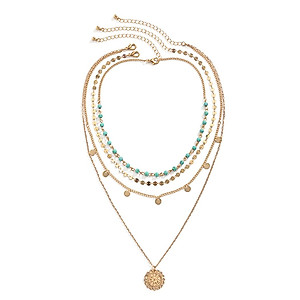 Hermoli Boho Choker Women Necklace Gold Turquoise Coin Pendant Layered Necklaces Chain Glitter Bohemia Sequin Tassel Necks Jewelry for Women