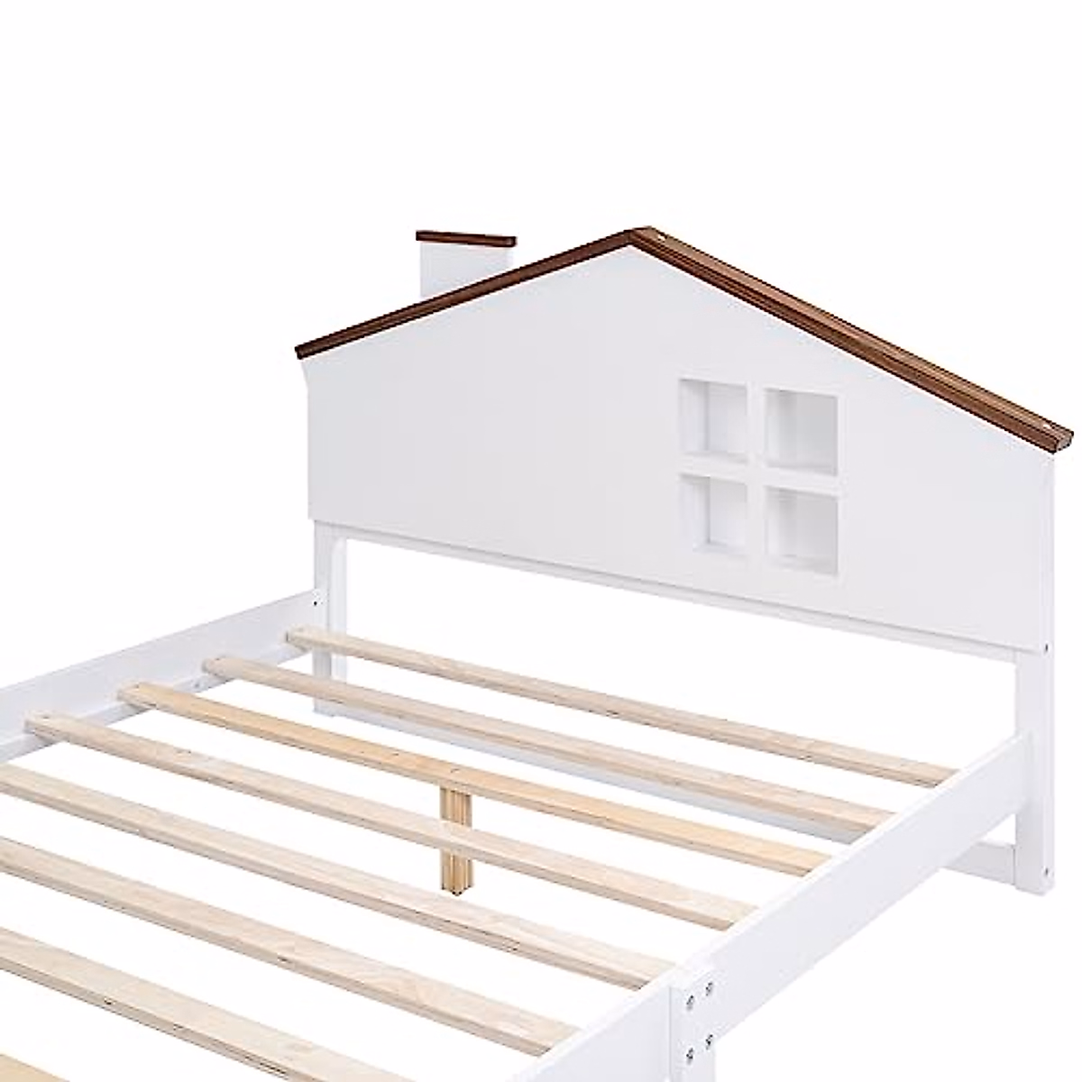HoRunzelin Modern Full Size Pine Wood House Shaped Headboard Platform Bed with Storage Cabinet and LED Lights for Kids Boys Girls Teens,White