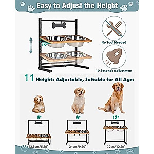 Realyoo Dog Elevated Bowls with Slow Feeder, 11 Heights 15° Tilted Stainless Steel Raised Dog Bowls Stand, Metal Food and Water Bowl for Large Medium Small Dogs and Cats