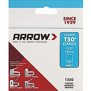 Arrow 508 Heavy Duty T50 1/2-Inch Staples for Upholstery, Construction, Furniture, Crafts, 1250-Pack