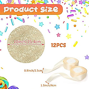 12 Pieces 10 Inch Cake Drums Round with 2 Rolls 1.6/1 Inch Satin White Ribbon Sturdy Cake Boards Wooden Cake Decorating Plate Cake Stands Drum for Home Wedding Bakery Supplies (Gold)