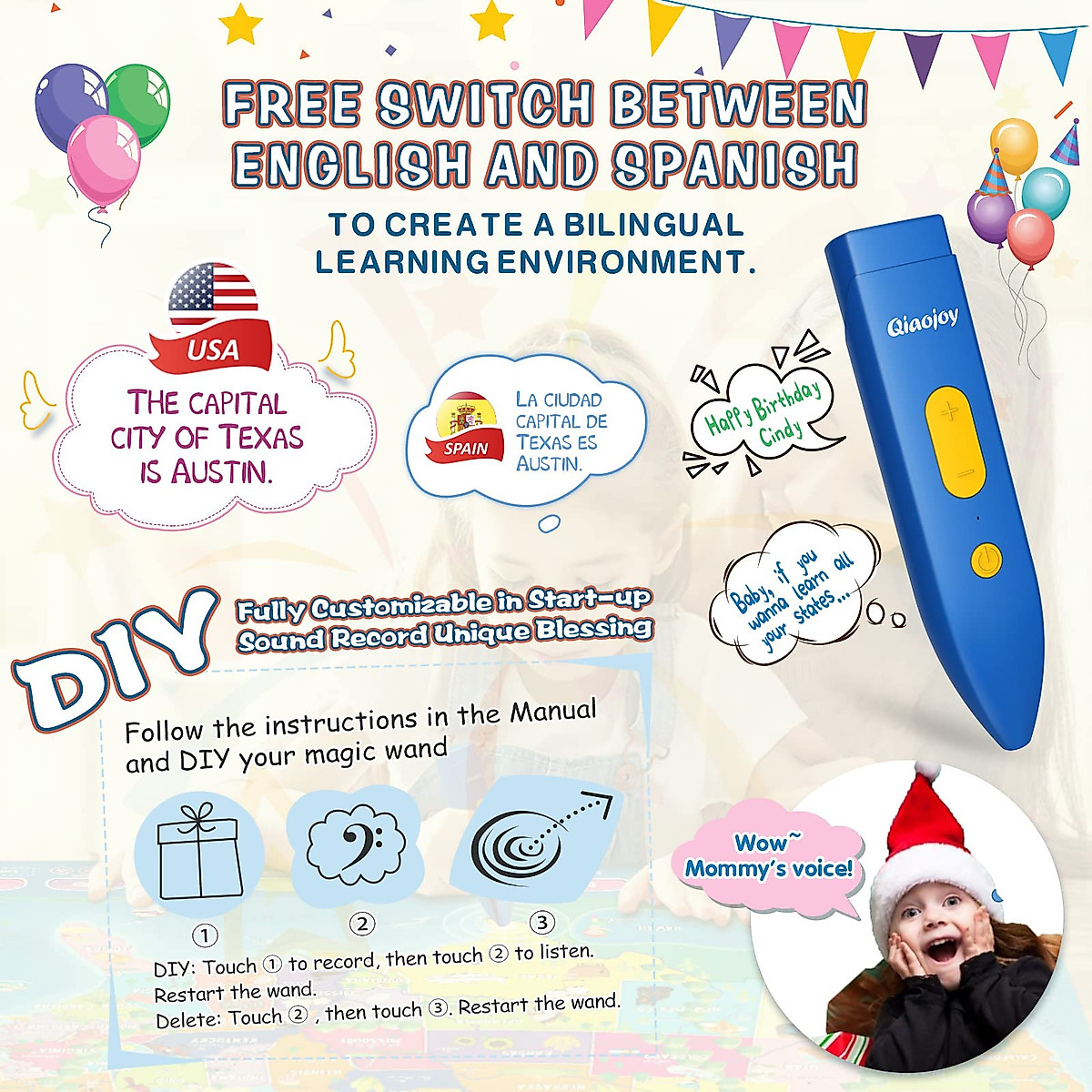 Qiaojoy V2 Interactive Kids Map Bilingual United States Map for Kids Learning, Educational Talking USA Map Poster Geography Games Personalized Kids Toys for Boys & Girls Ages 3-12