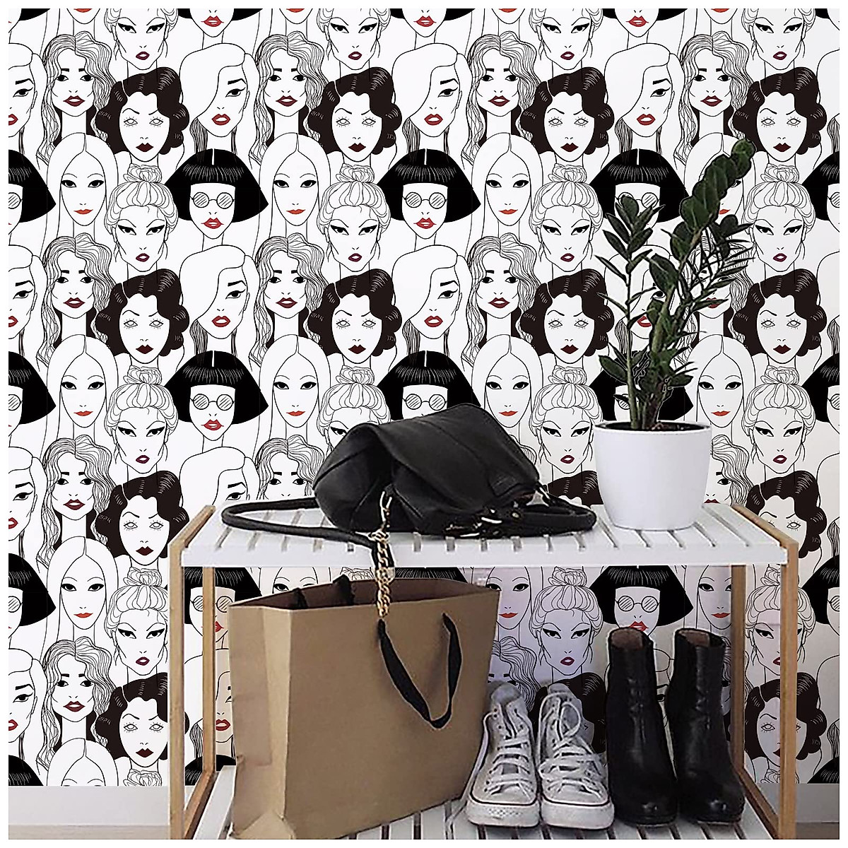 HAOKHOME Modern Peel and Stick Wallpaper Cool Ladies Black/White/Red Lips Removable Vinyl Self Adhesive Contactpaper 17.7in x 9.8ft