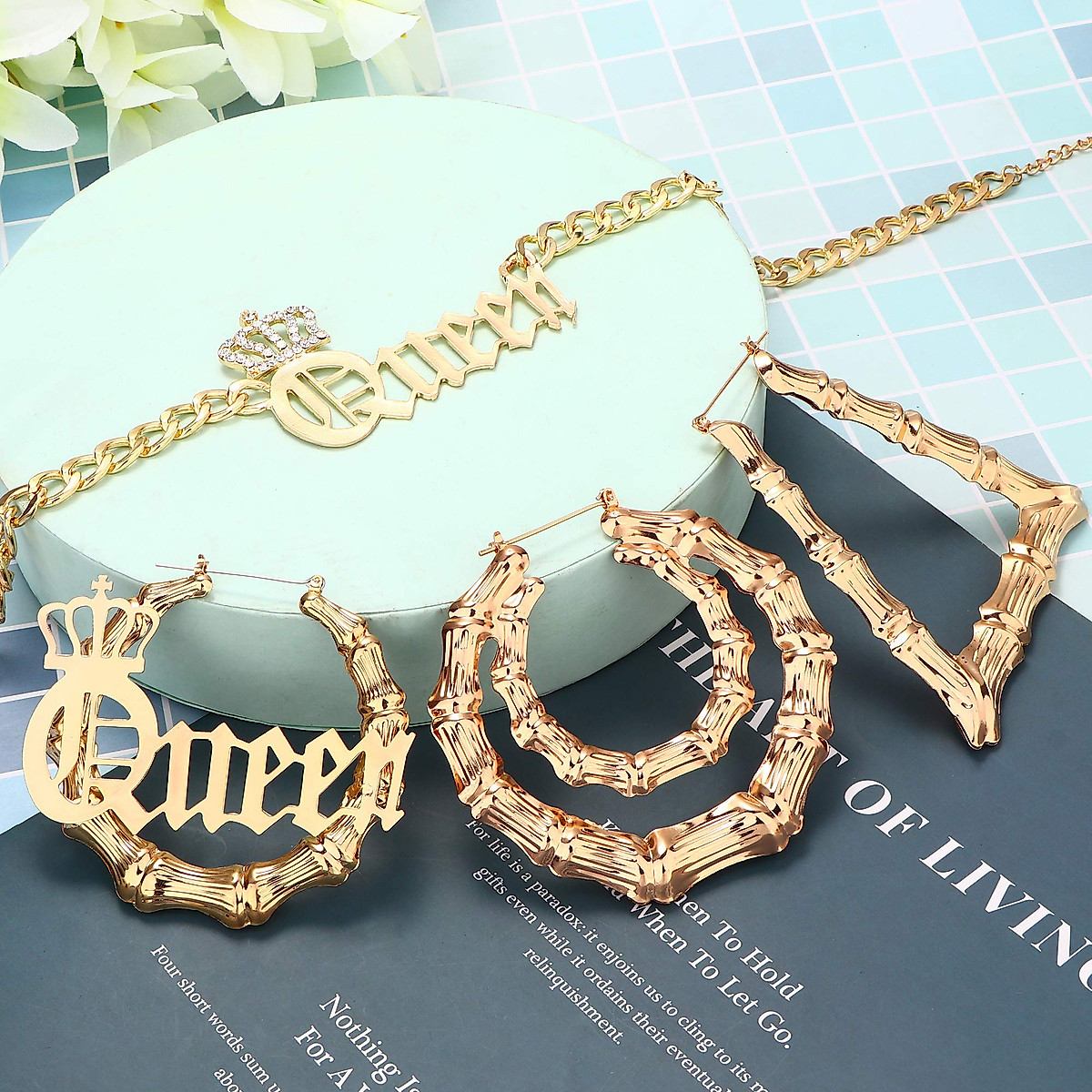 sailimue Chunky Curb Chain Necklace with Bamboo Hoop Earrings Set Gold Plated 80s/90s Punk Hip Hop Rapper Style Accessories Set for Women