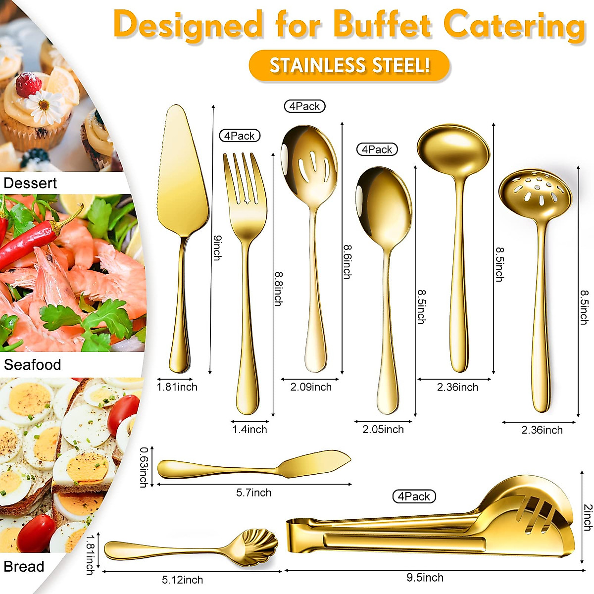 21 Pcs Christmas Gold Stainless Steel Serving Utensils Flatware Set, Serving Spoons Slotted Serving Spoons Gold Tongs Serving Forks for Kitchen Buffet Catering Banquet Party Supply, Dishwasher Safe