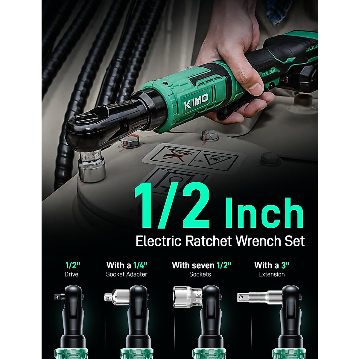 KIMO 20V Cordless Ratchet Wrench 1/2" Set, 74 Ft-lbs 400 RPM Electric Ratchet Wrench, Battery Powered Ratchet with 7 Sockets, 3" Extension Bar, 3/8" Adapter, 2-Pack Lithium-Ion Batteries, Fast Charger