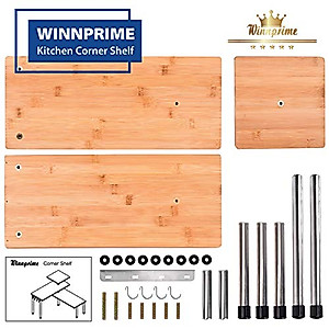 WINNPRIME Kitchen Countertop Corner Shelf - 3 Tier Counter Shelf Stand Bamboo & Metal Storage Organization with Hooks, Spice Rack Display Shelves, Adjustable for Kitchen, Bathroom & Office