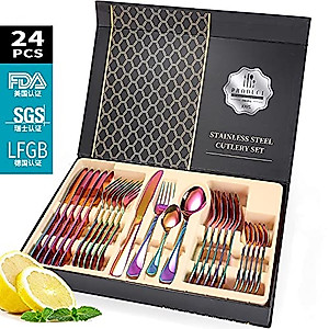 24Pcs/set Gold Cutlery Specular Light Steak Knife Fork Coffee Spoon Stainless Steel Teaspoon Upscale Home Restaurant Cutlery Set (Color : Silver)