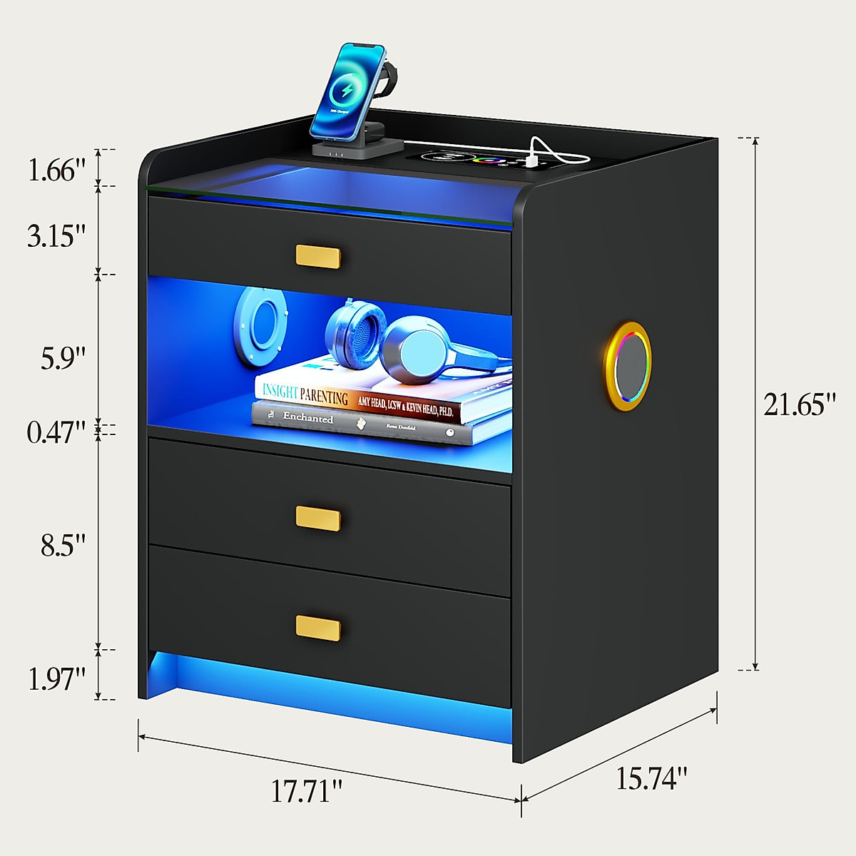 Nightstands with LED Lights, Smart Night Stand with Bluetooth Speakers & Body sensors, Modern Side Tables with Wireless Charging Stations,Black Bedside Table with Drawers (Black)