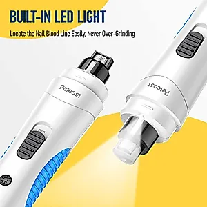 Peteast Electric Dog Nail Grinder Professional, Upgraded Type C W LED Lighting, Quiet Painless Safe Smooth Paw Grooming, Powerful 7 Speeds Clipper Trimmer (White)