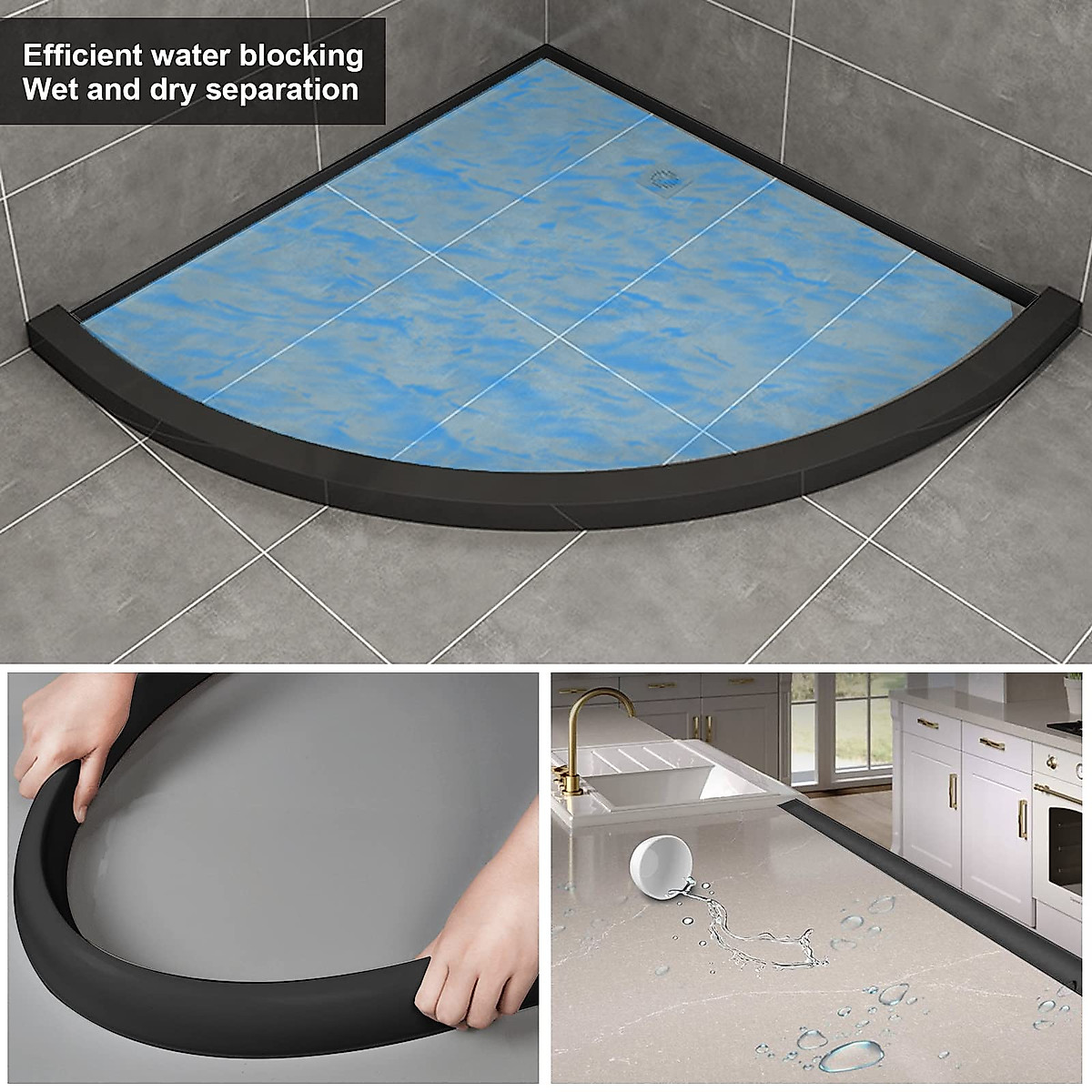 Shower water guard, Self adhesive shower water dam right angle water stopper shower Collapsible, Corner Water Strip Dam for Countertop to keep water Inside 0.71''Hx 0.86''W (39inch, black)