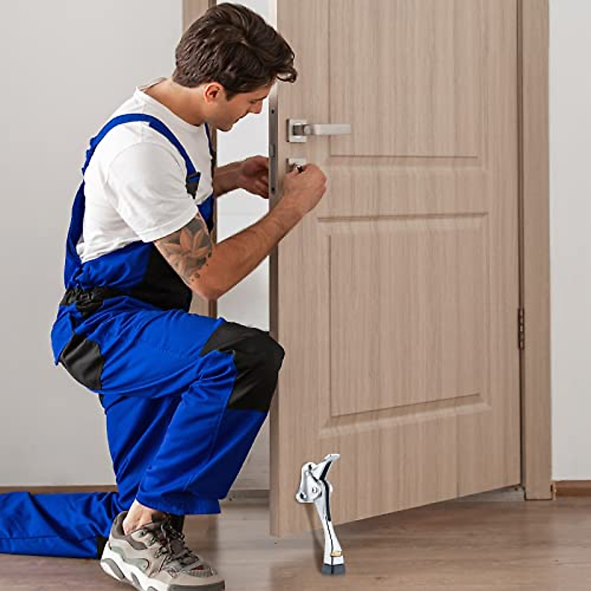 6 Pack Heavy Duty Door Stop 4 Inch Kickdown Metal Door Stopper Door Stoppers Wall Protector with Rubber Tip Easy to Install Adjustable Door Holder for Bottom of Door, Door Stops Replacements