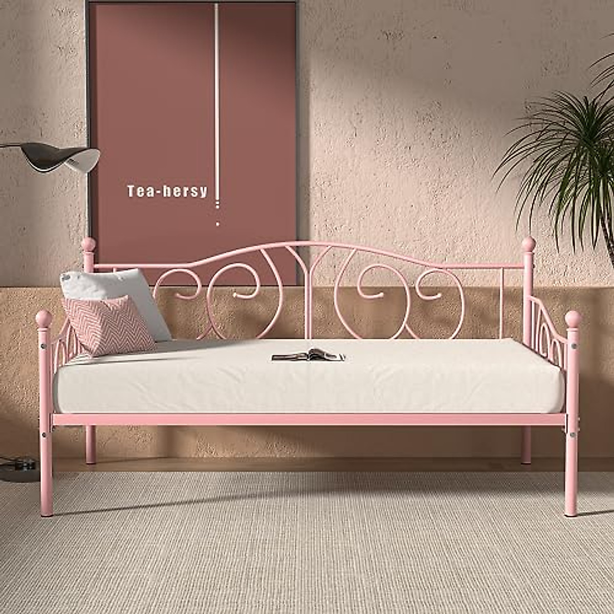 VECELO Metal Daybed Frame Multifunctional Platform Bed Sofa Mattress Foundation with Deluxe Headboard, Twin, Pink