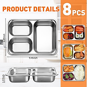 Zopeal 8 Pack 304 Stainless Steel Divided Plates Tray Rectangular Metal Dinner Section Plates for Adults Kids Food Portion Control Camping Lunch(3 Compartment Style)