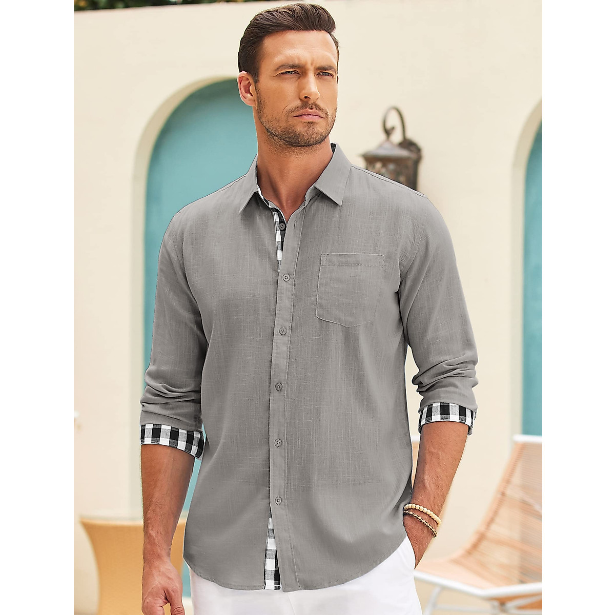 COOFANDY Mens Shirt Casual Linen Dress Plaid Collar Button Down, Grey, Large, Long Sleeve