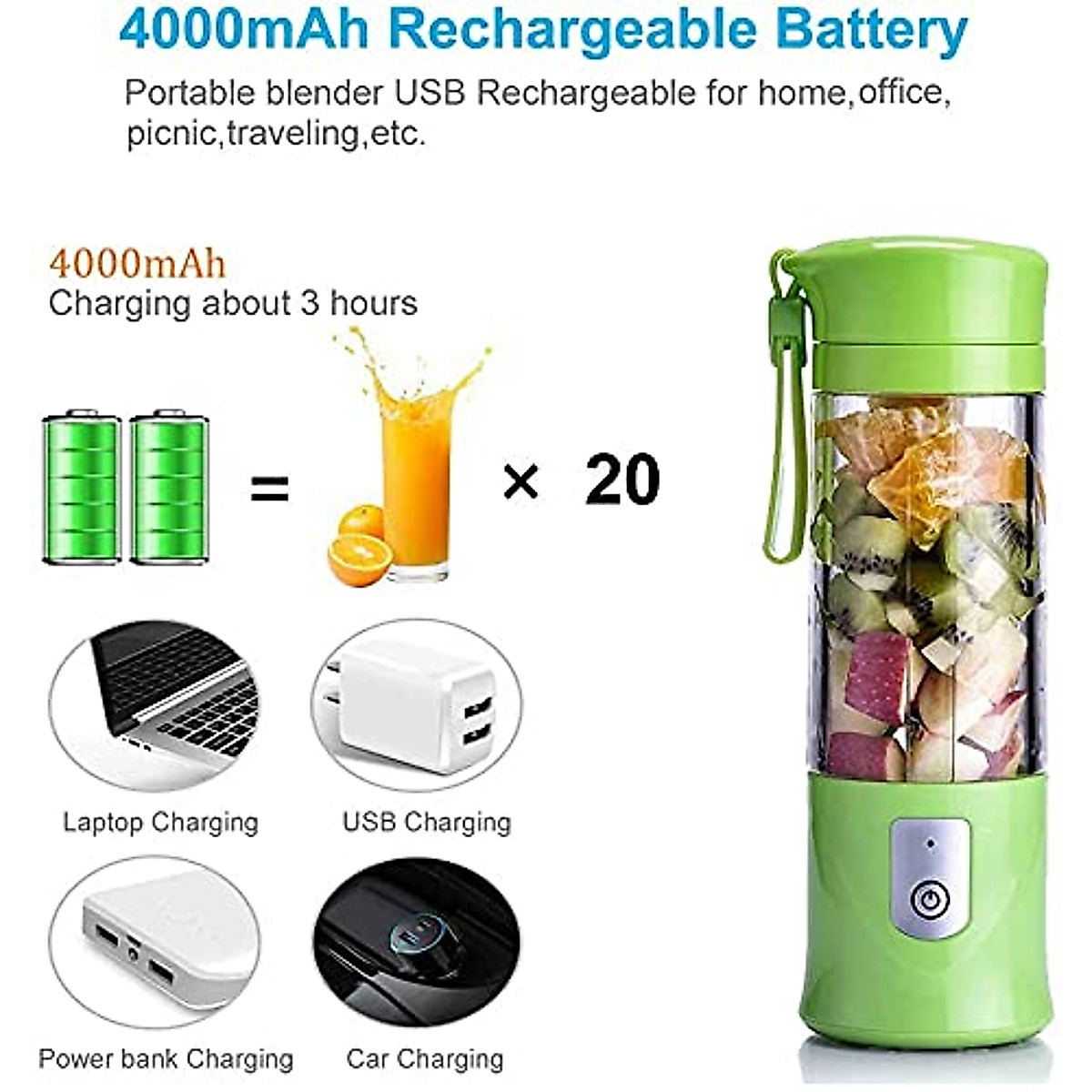 Portable Blender,Mini Personal Size Blenders for Smoothies and Shakes,USB Rechargeable Travel Juicer Cup Electric Fruit Juice Mixer with 6 Updated Blades for Travel, Sports, Kitchen,13.5Oz (Green)