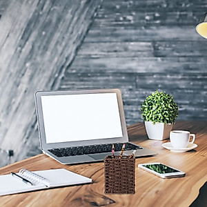 Cabilock Yellow Wicker Pencil Holder Pen Holder Rattan Makeup Brush Holder Makeup Holder Pencil Cup Desk Cup Holder Cutlery Utensil Caddy Silverware Holder