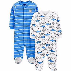 Simple Joys by Carter's Baby Boys' 2-Pack Cotton Sleep and Play, Blue Stripe/White Sharks, 3-6 Months