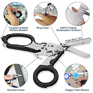 Dekeliy 6 In1 Multifunction Emergency Response Shears, Stainless Steel Foldable Trauma Shears with Strap Cutter and Glass Breaker,Medical Scissors with Holster and Penlight