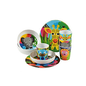 French Bull 4pc Toddler Kids Feeding Melamine Tableware Flatware BPA Free Dishwasher Safe, Durable Plate, Cup, Bowl, Divided Tray Dinnerware Set, 4 Count (Pack of 1), Jungle