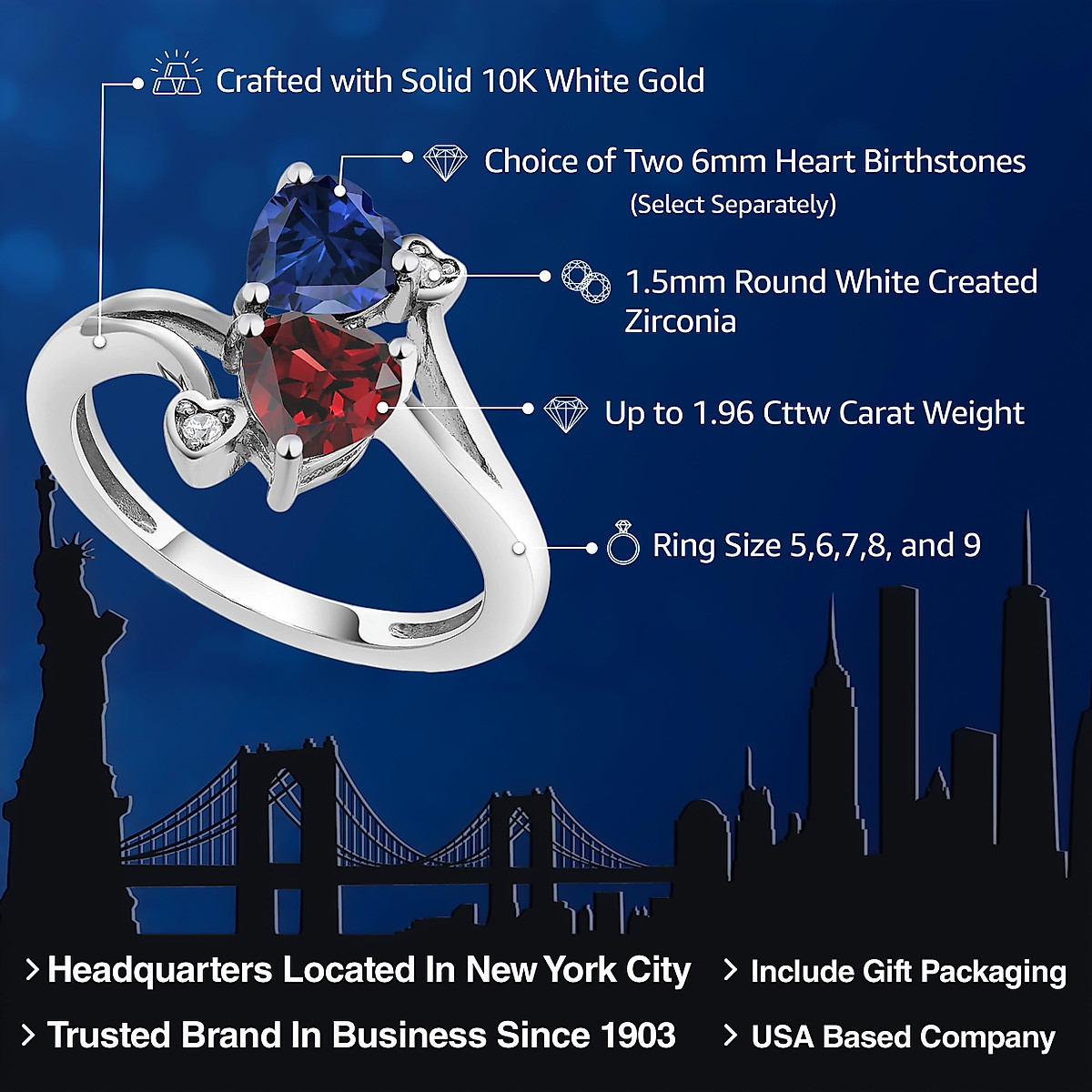 Gem Stone King 10K White Gold Promise Customized and Personalized Build Your Own 2 Birthstone For Her Heart Shape Women Engagement Ring (Size 7)