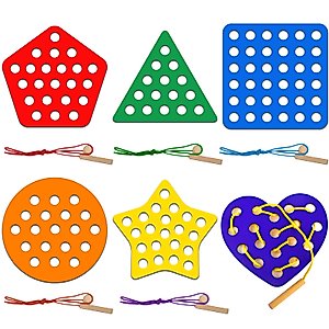 6 Pcs Lacing Toy Toddlers, Geometric Wooden Threading Toys, Educational and Learning Montessori Activity Baby and Kids, Fine Motor Skill Toys, Pumpkin, Corn, Tomato, Eggplant, Broccoli, Carrot