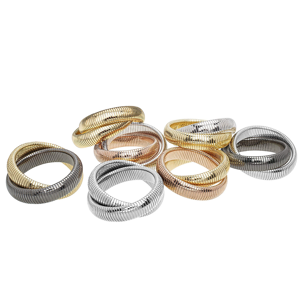 JANIS BY JANIS SAVITT Triple Cobra Bracelet - 5/8 Inch Flexible Stretch Bangle High Polished 18K Yellow Gold, Rose Gold, and Rhodium Made in USA