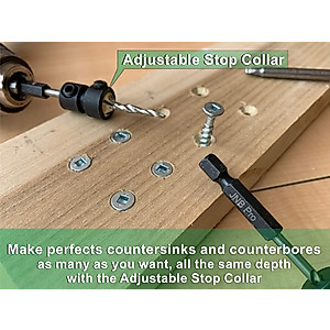 JNB Pro Wood Countersink Drill Bit Set - 5 Pc Adjustable Countersink Bit #8(11/64") All Same Size - 2 Extra 11/64 Tapered Drill Bit, 1 Adjust. Collar, 1 Wrench - 1/4" Quick Change Shank - Countersink